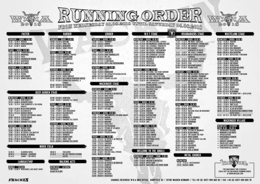 Wacken 2018 - Running Order | Concerts-Metal